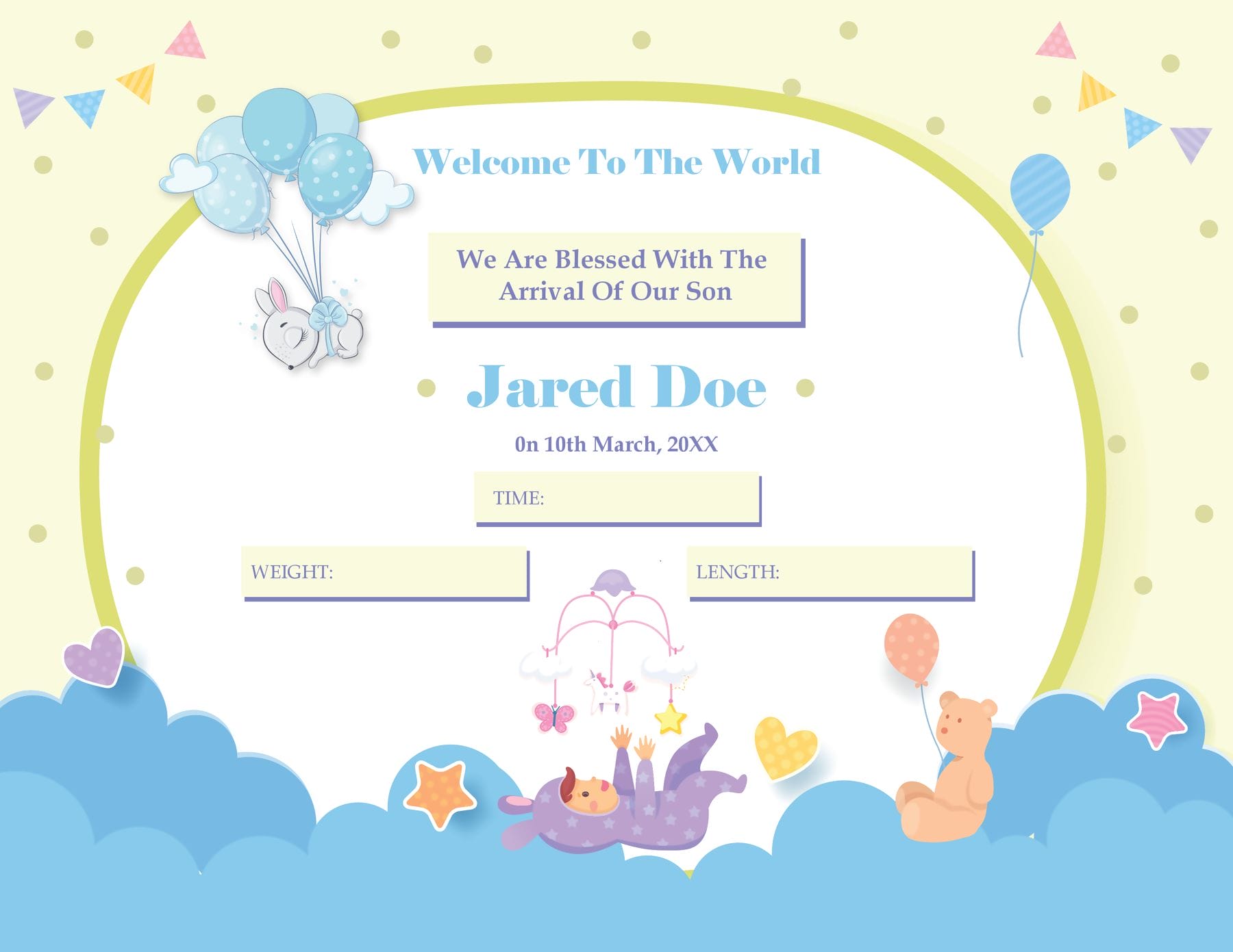 Baby Boy Announcement Certificate - WordLayouts