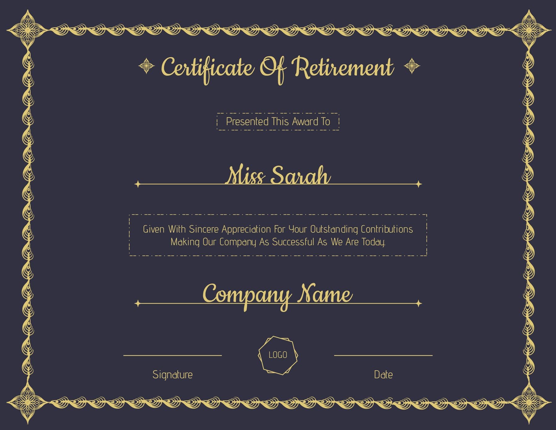 Golden Milestone Retirement Certificate - WordLayouts