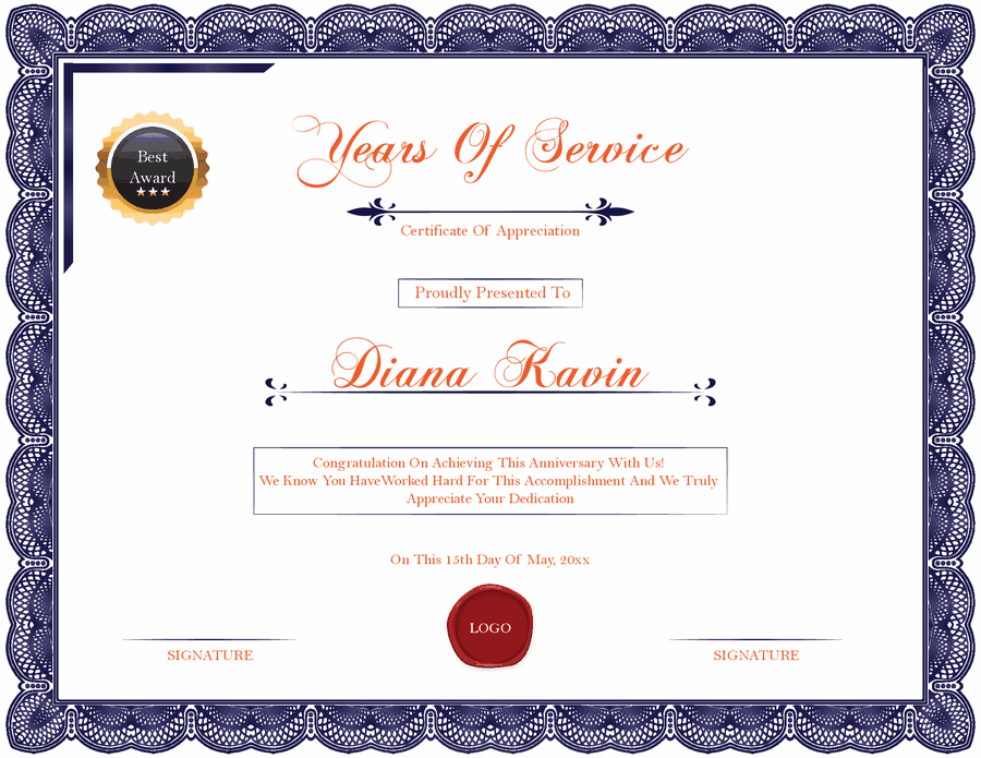Service Milestone Appreciation Certificate - WordLayouts