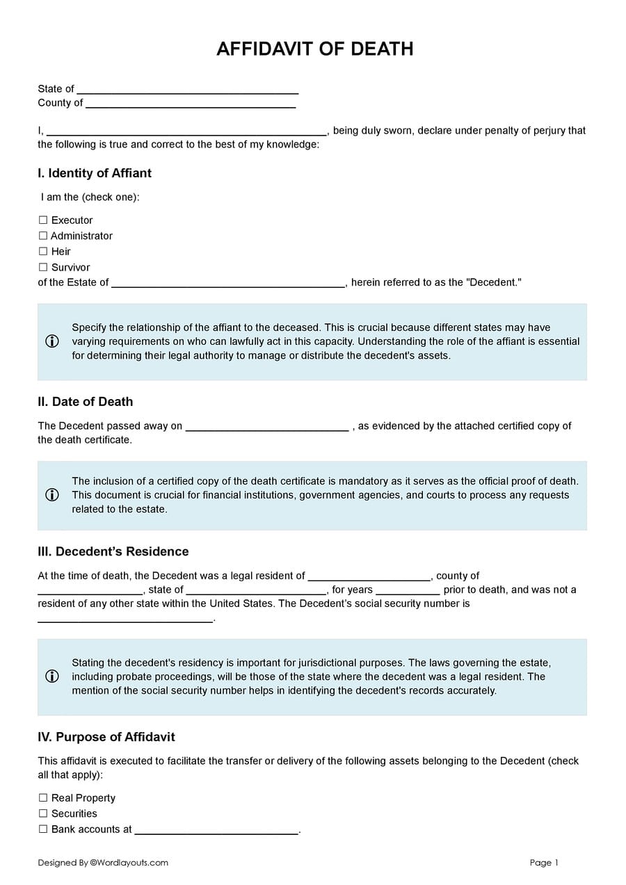 Free Affidavit of Death Form (Word, GDocs) - WordLayouts