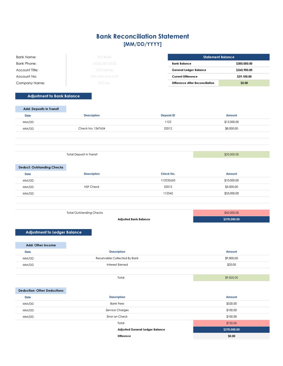Free Bank Reconciliation Templates for Excel & GSheets - WordLayouts