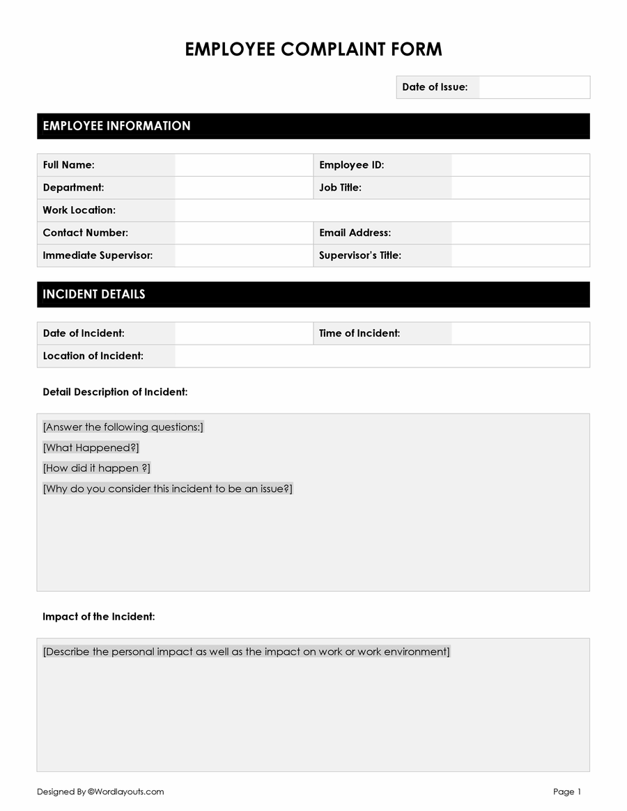 Employee Complaint Form Templates (Word, GDocs) - WordLayouts