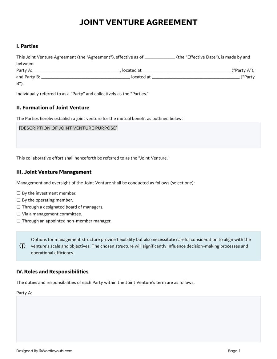 Free Joint Venture Agreement Template (Word, GDocs) - WordLayouts