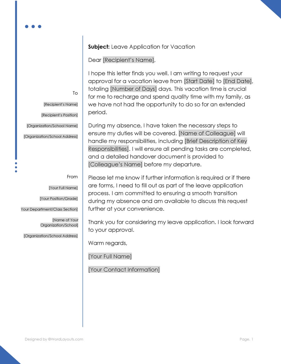 Writing a Leave Application for Work (Free Templates) - WordLayouts