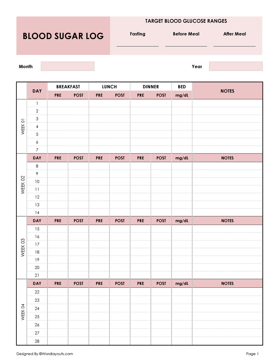 Blood Sugar Log Template Blood Sugar Log Printables 16 FREE Glucose