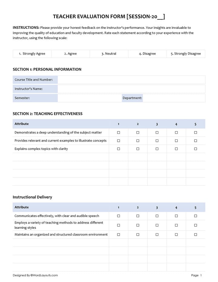 Free Teacher Evaluation Form (Editable) - WordLayouts