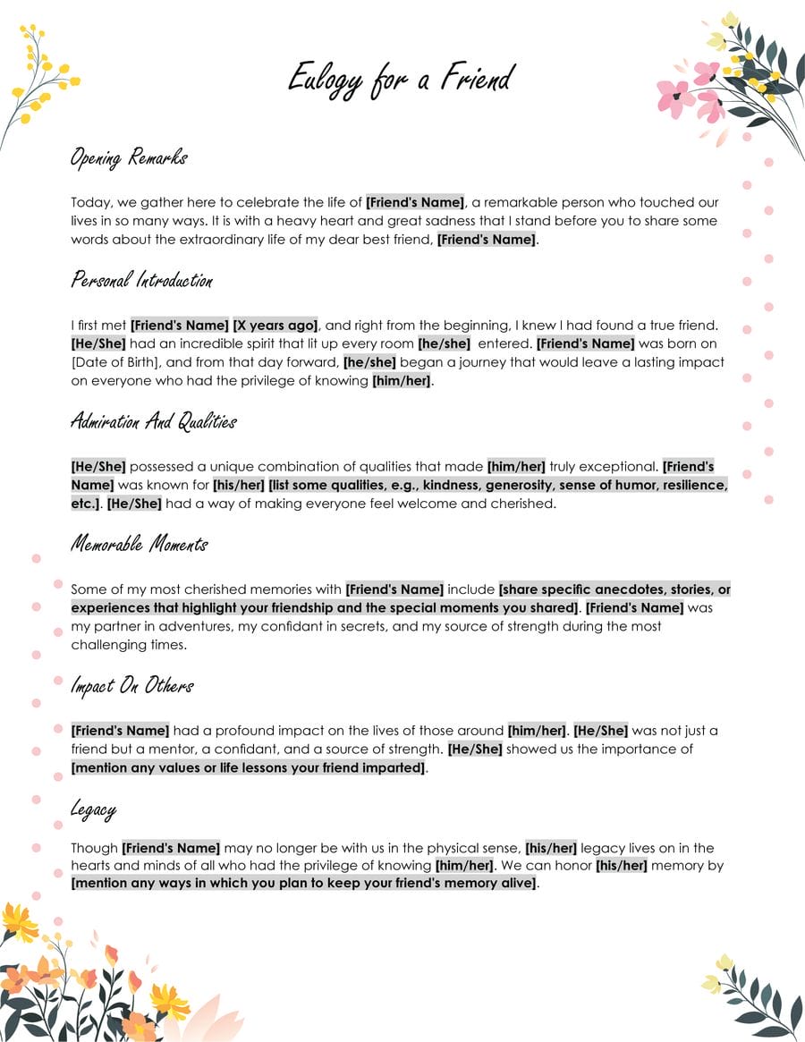 Simple Eulogy Outline Template - WordLayouts