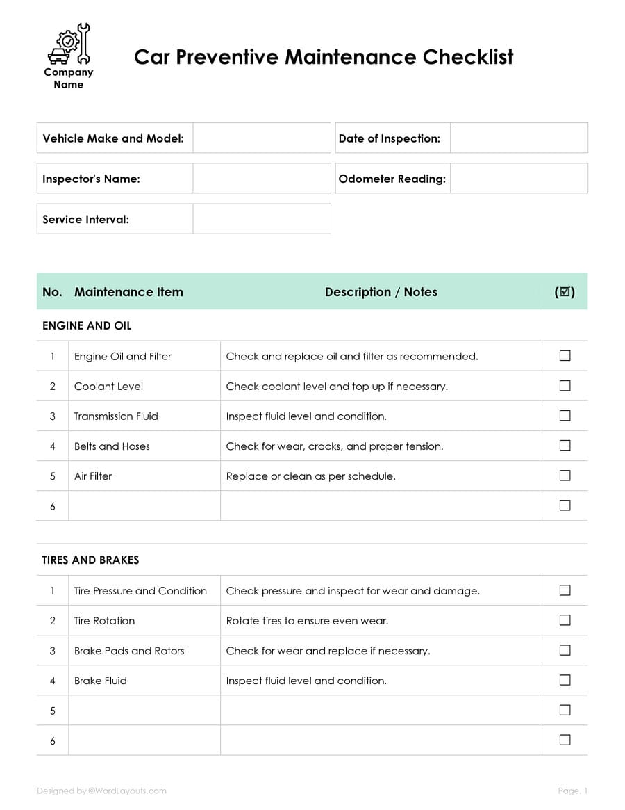 Truck Preventive Maintenance Checklist Template - WordLayouts