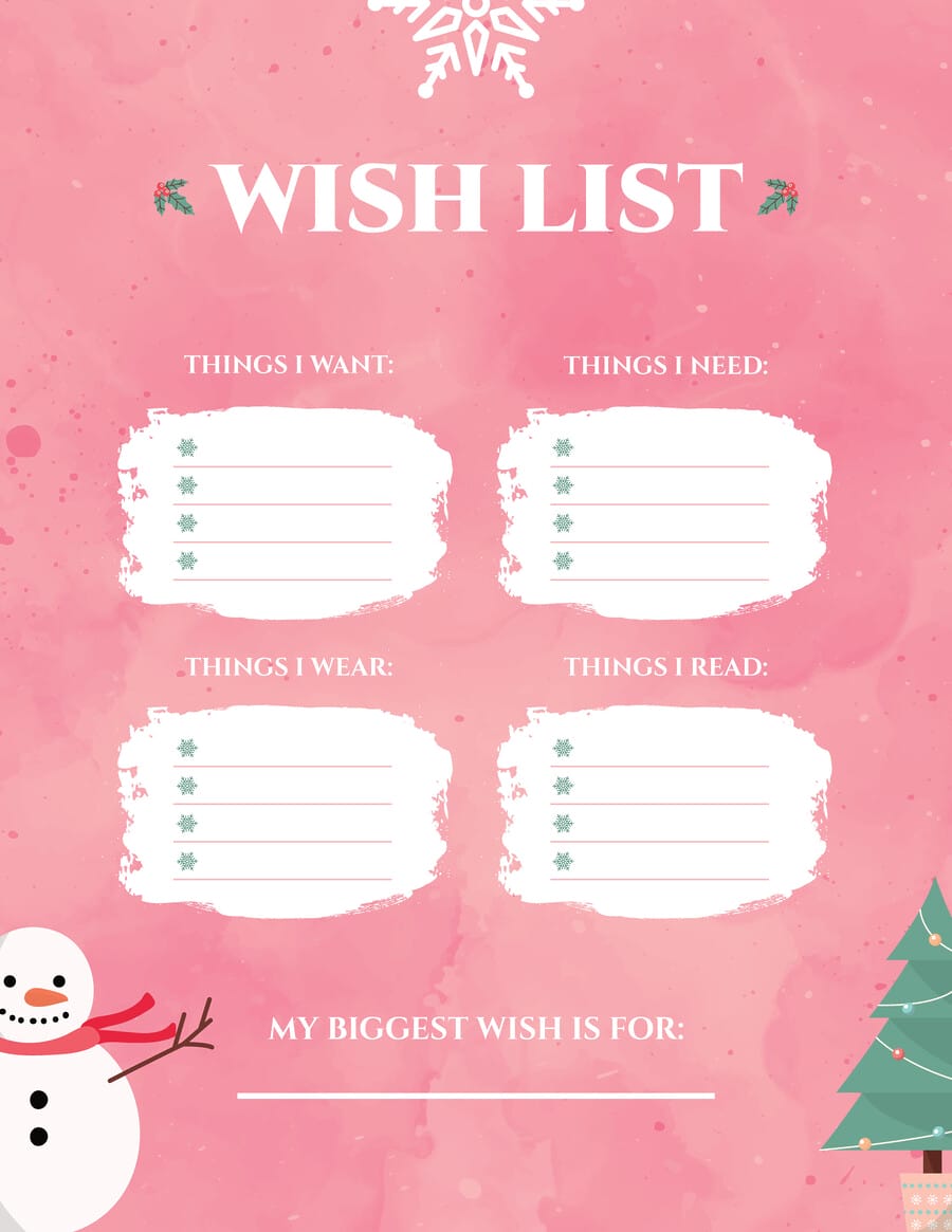 Whimsical Pink Christmas Wish list Template - WordLayouts