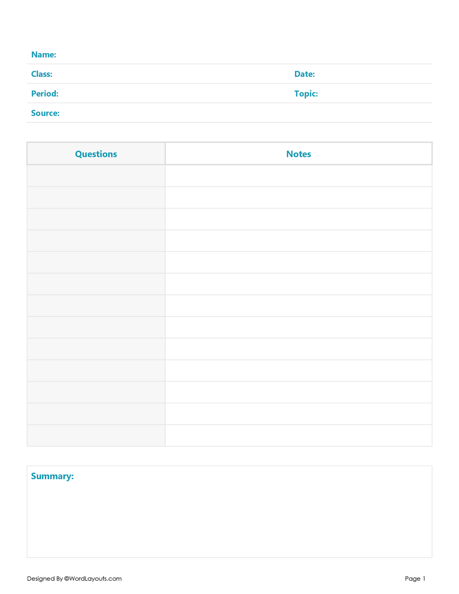 Cornell Efficient Notes Template - WordLayouts