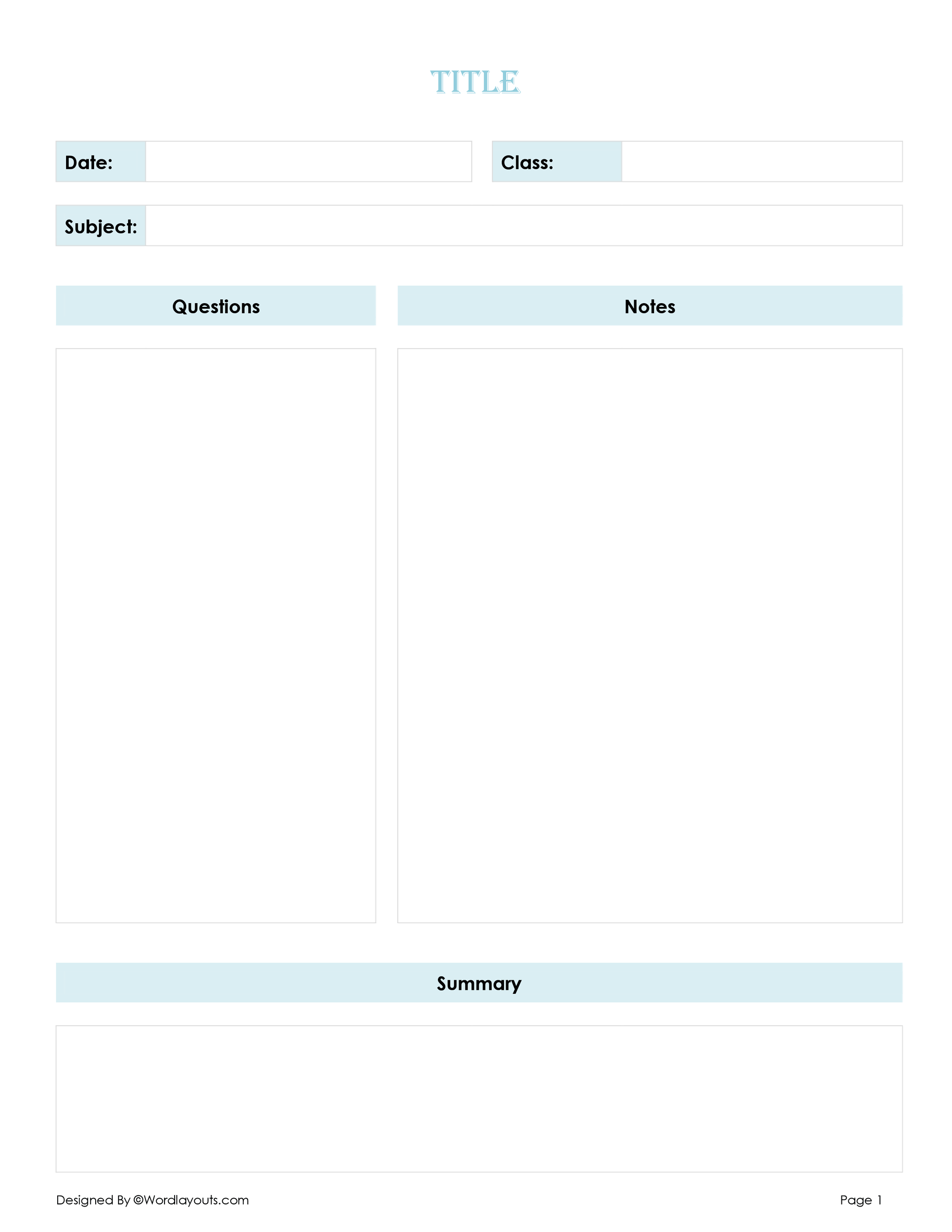 Structured Cornell Notes Template - WordLayouts