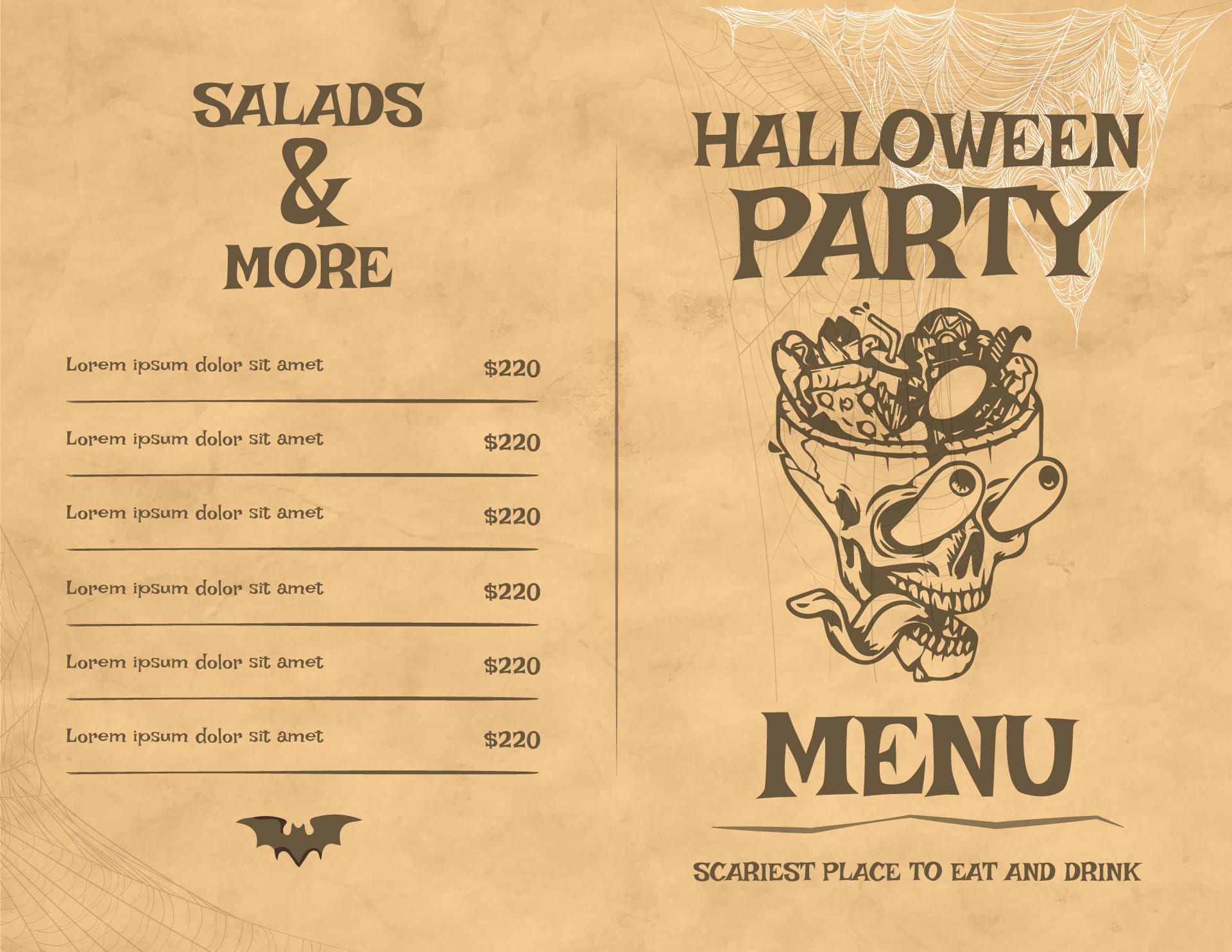 Spooky Skull Illustration Halloween Party Menu Template - WordLayouts