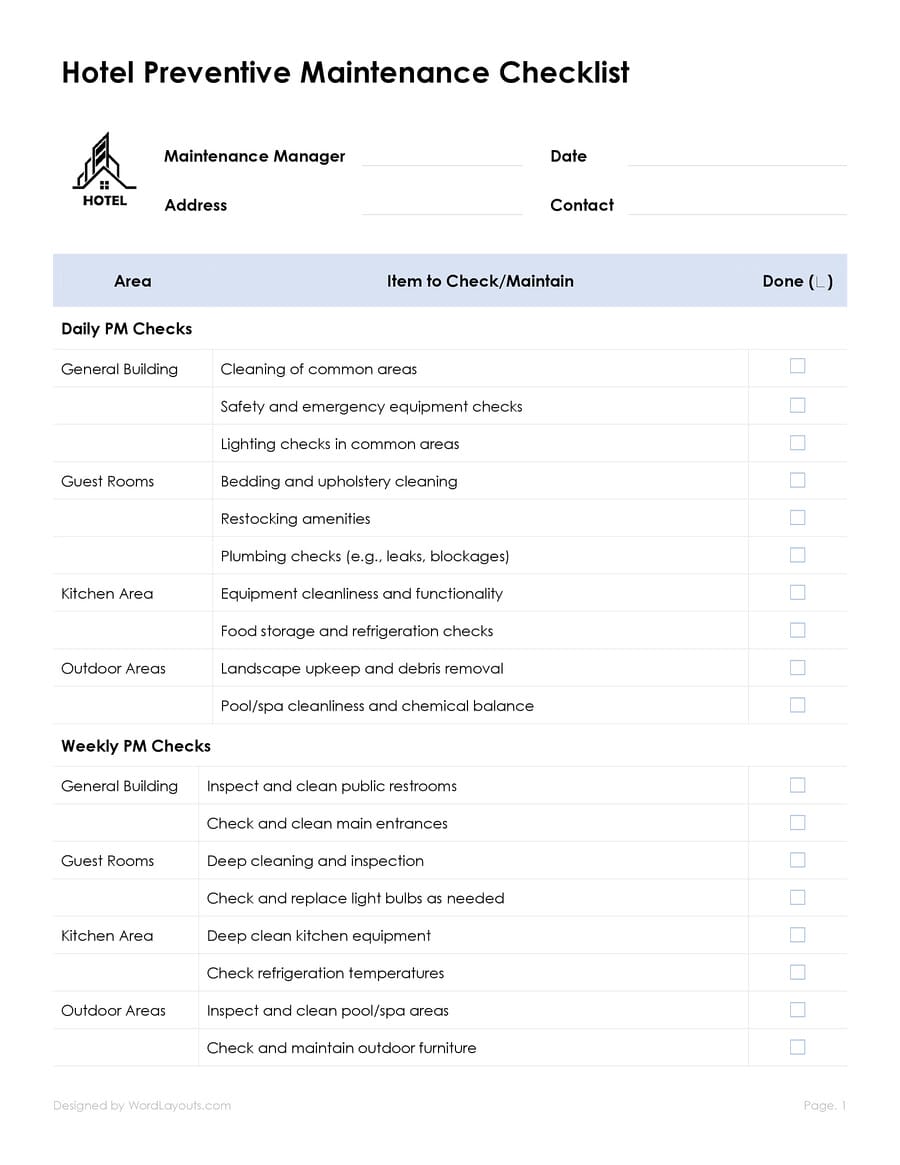Facilities Preventive Maintenance Checklist Template
