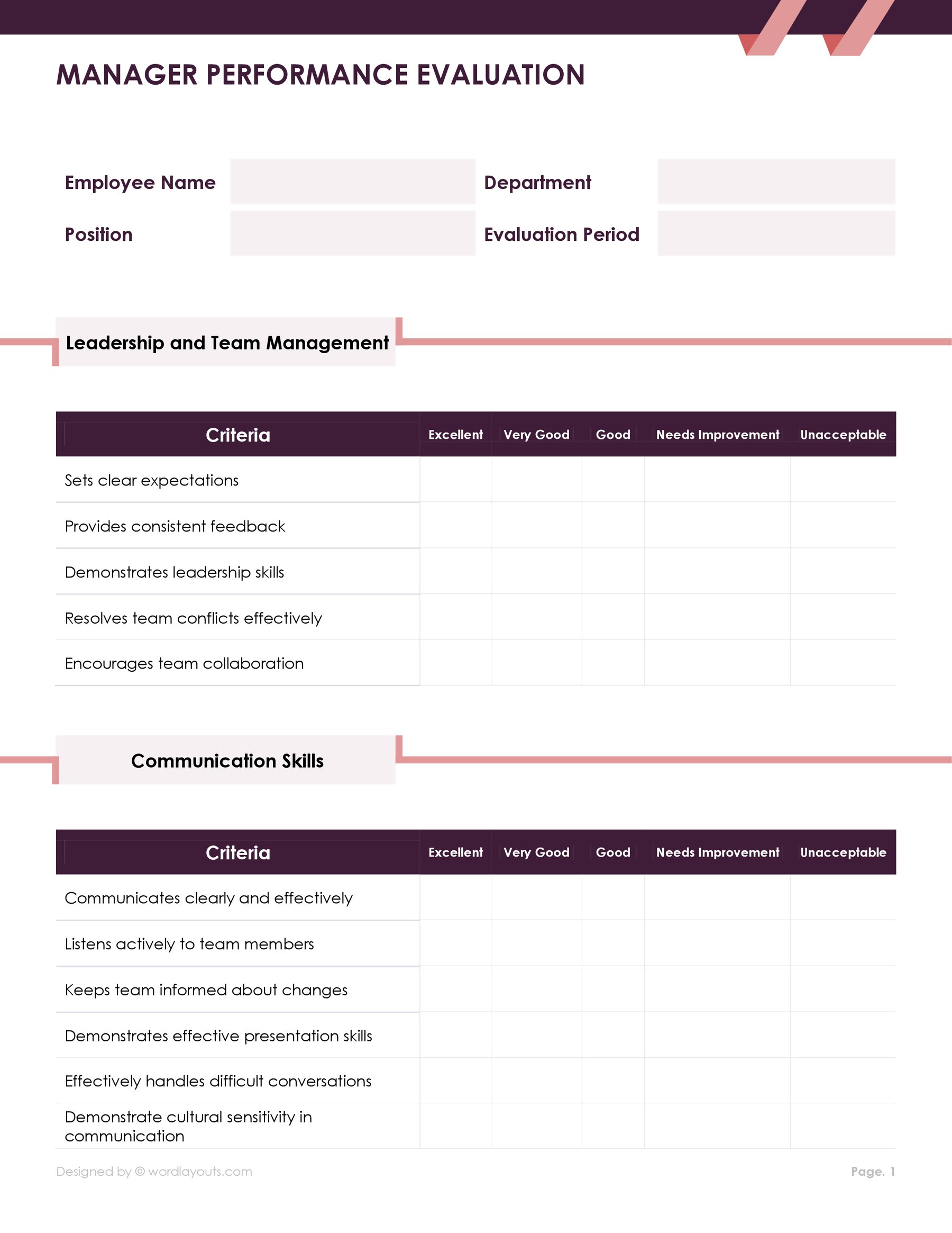 Free Manager Performance Evaluation Template Wordlayouts
