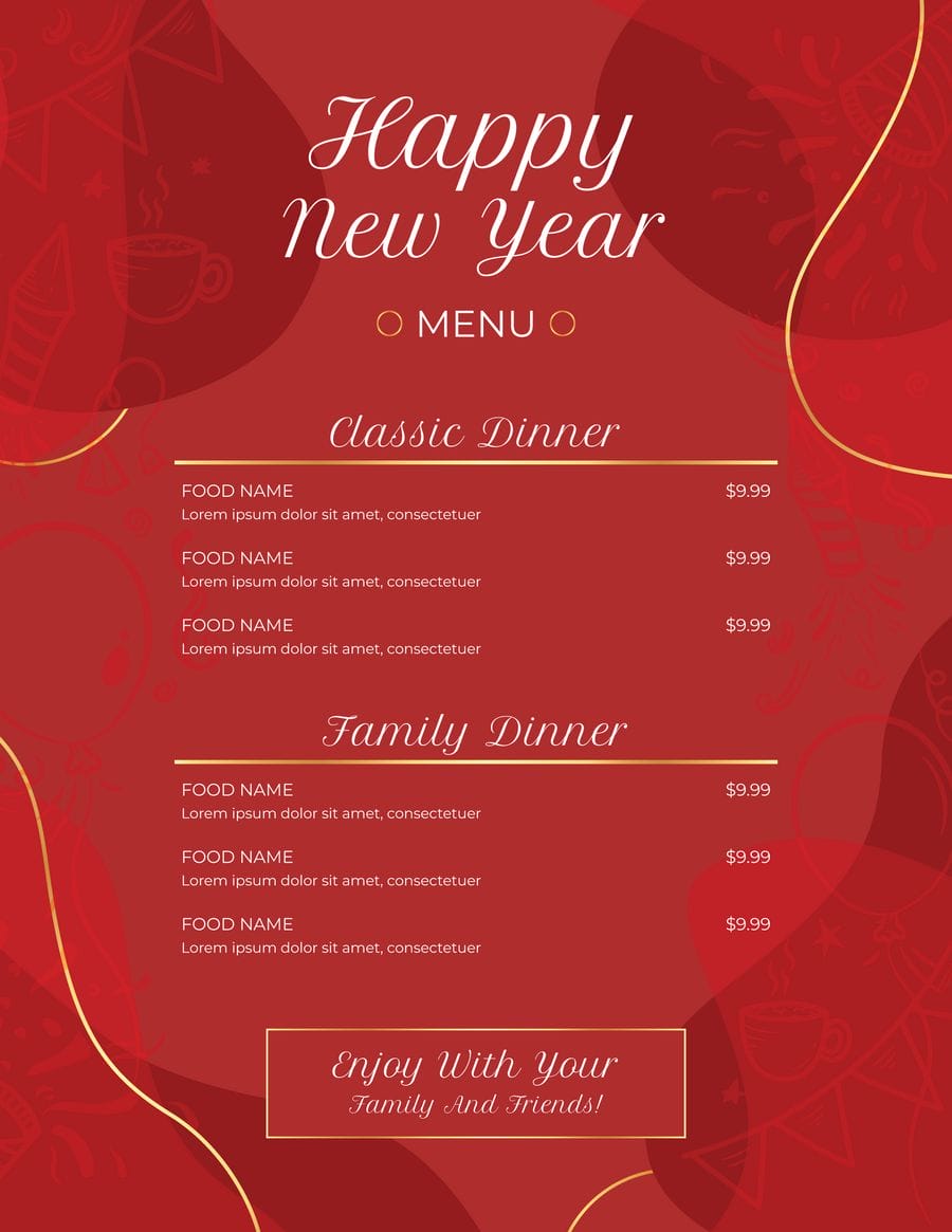 Festive Red and Gold New Year Food Menu Template - WordLayouts