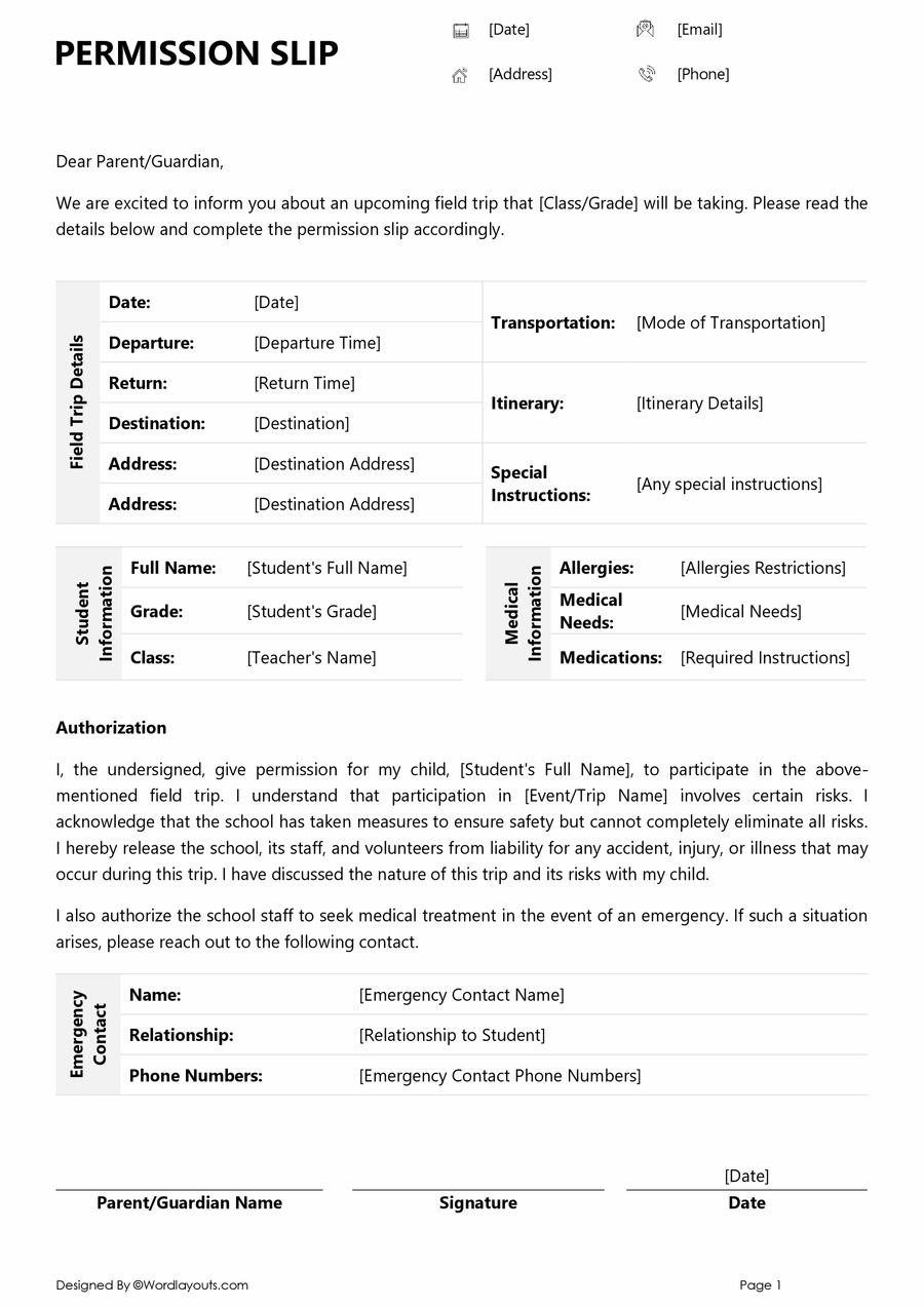 Movie Permission Slip Template - WordLayouts