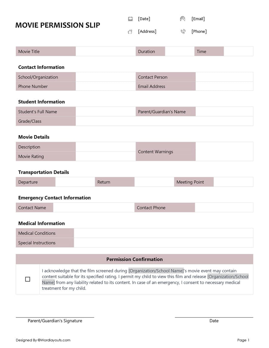 Movie Permission Slip Template - WordLayouts