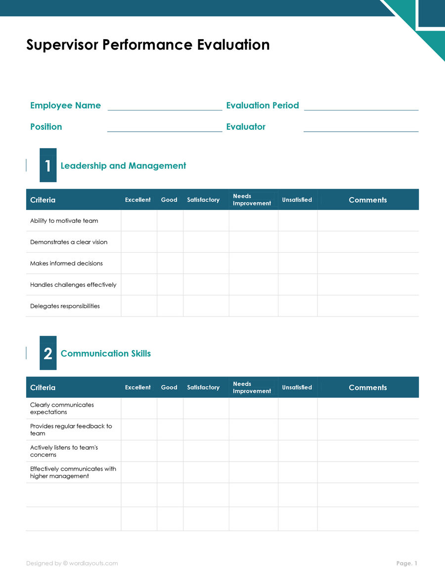 Supervisor Evaluation Form Template (GDocs) - WordLayouts