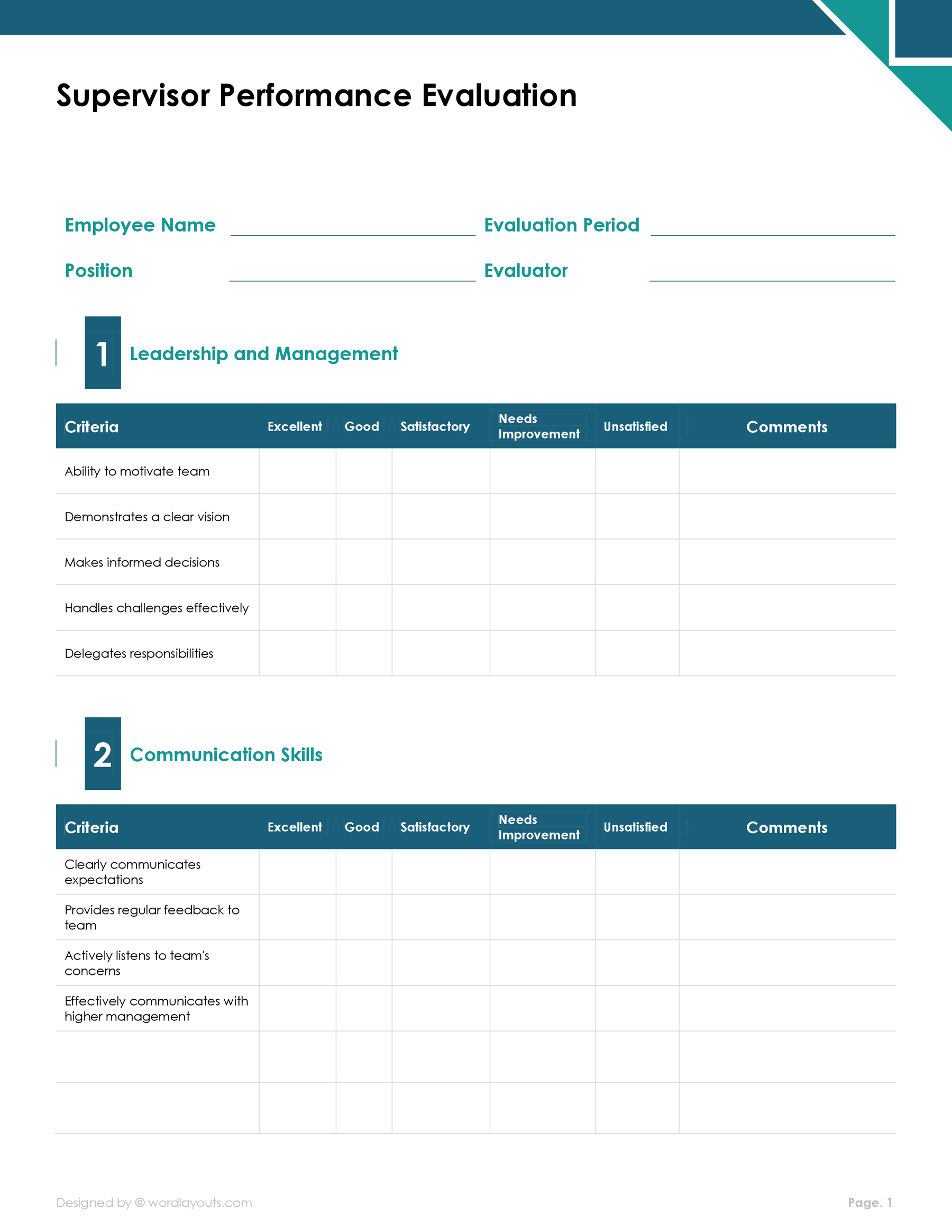 Free Manager Performance Evaluation Template Wordlayouts