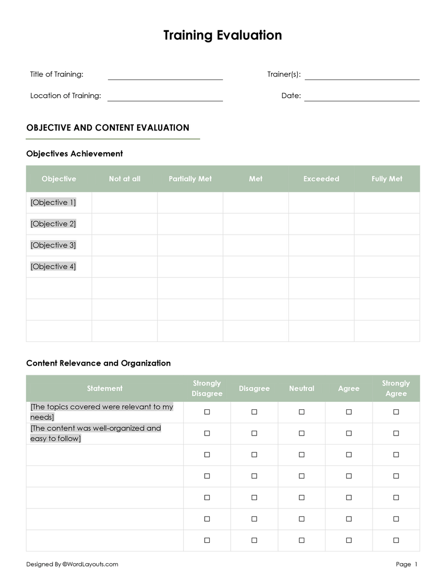 Training Evaluation Form Template (Word, GDocs) - WordLayouts