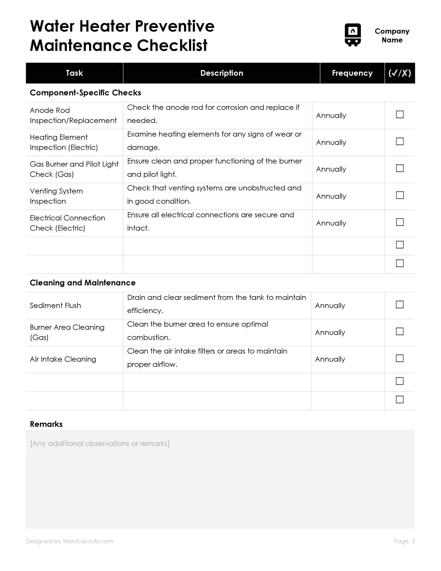 Free Water Heater Maintenance Checklist - WordLayouts