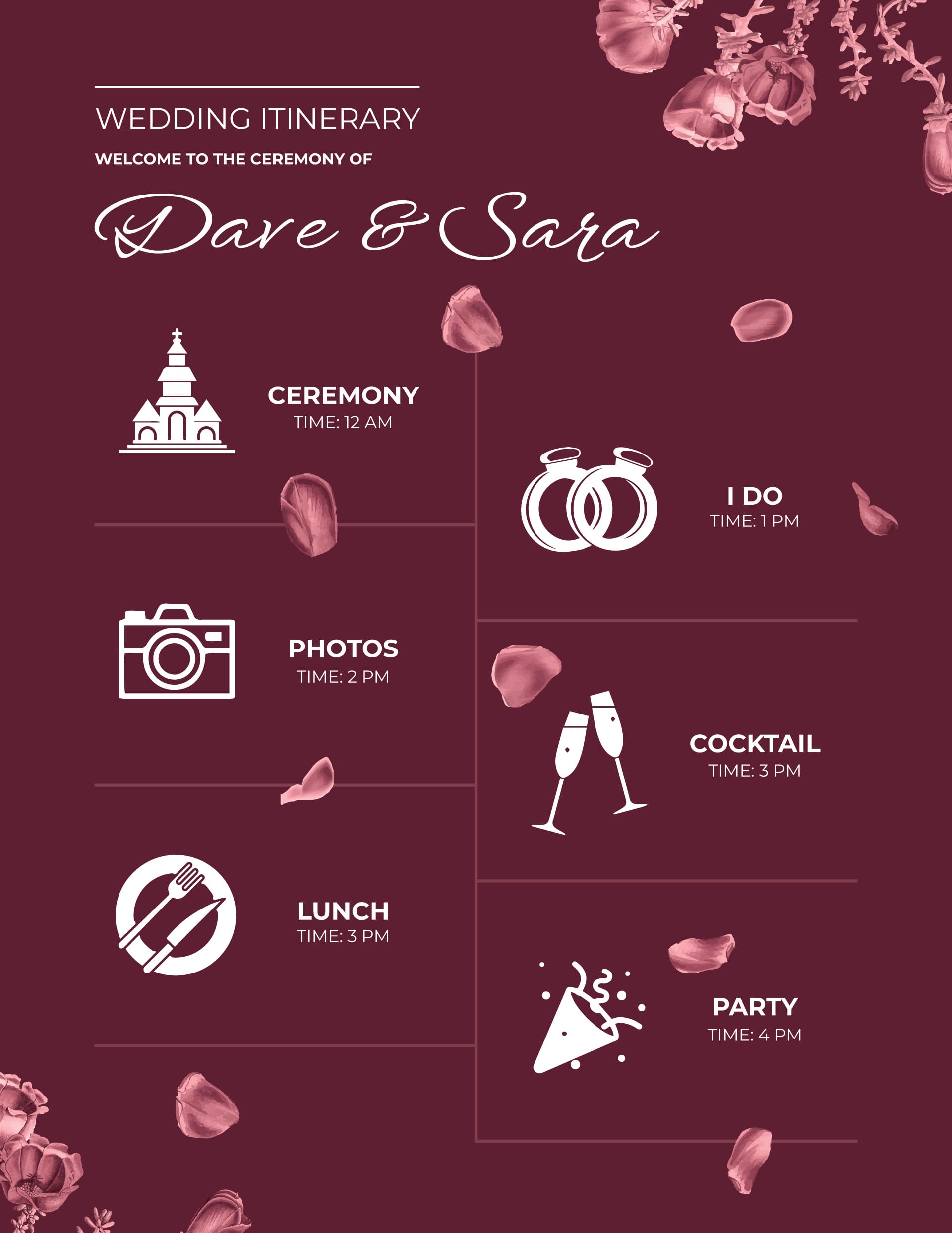 Maroon Wedding Itinerary Template - WordLayouts