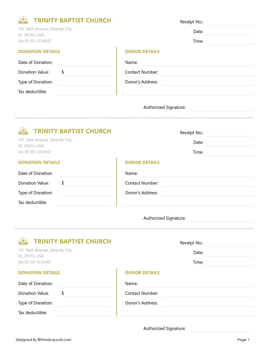 Church Donation Receipt Template - (Word, GDocs)