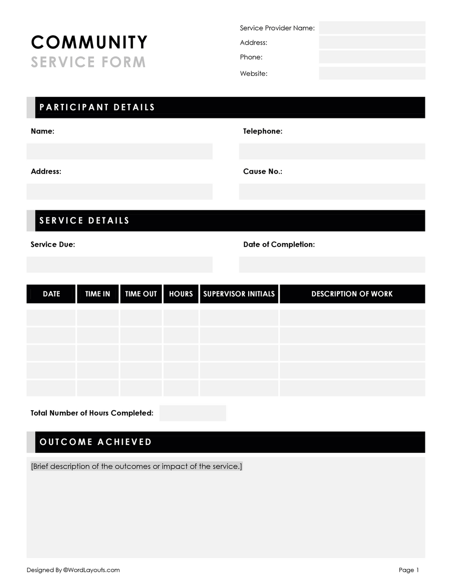 Free Community Service Form (Edit & Print) - WordLayouts