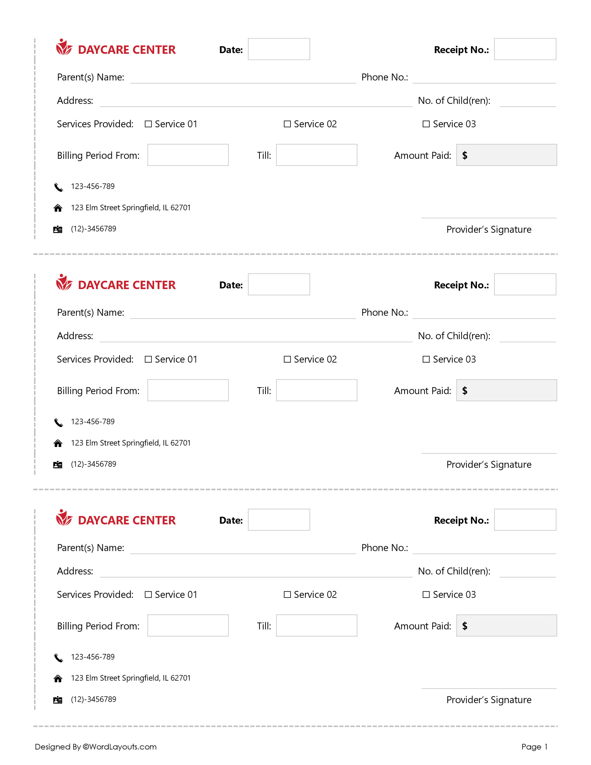 Daycare Receipt Template (3 per page) - WordLayouts Daycare Receipt Template (3 per page) - WordLayouts