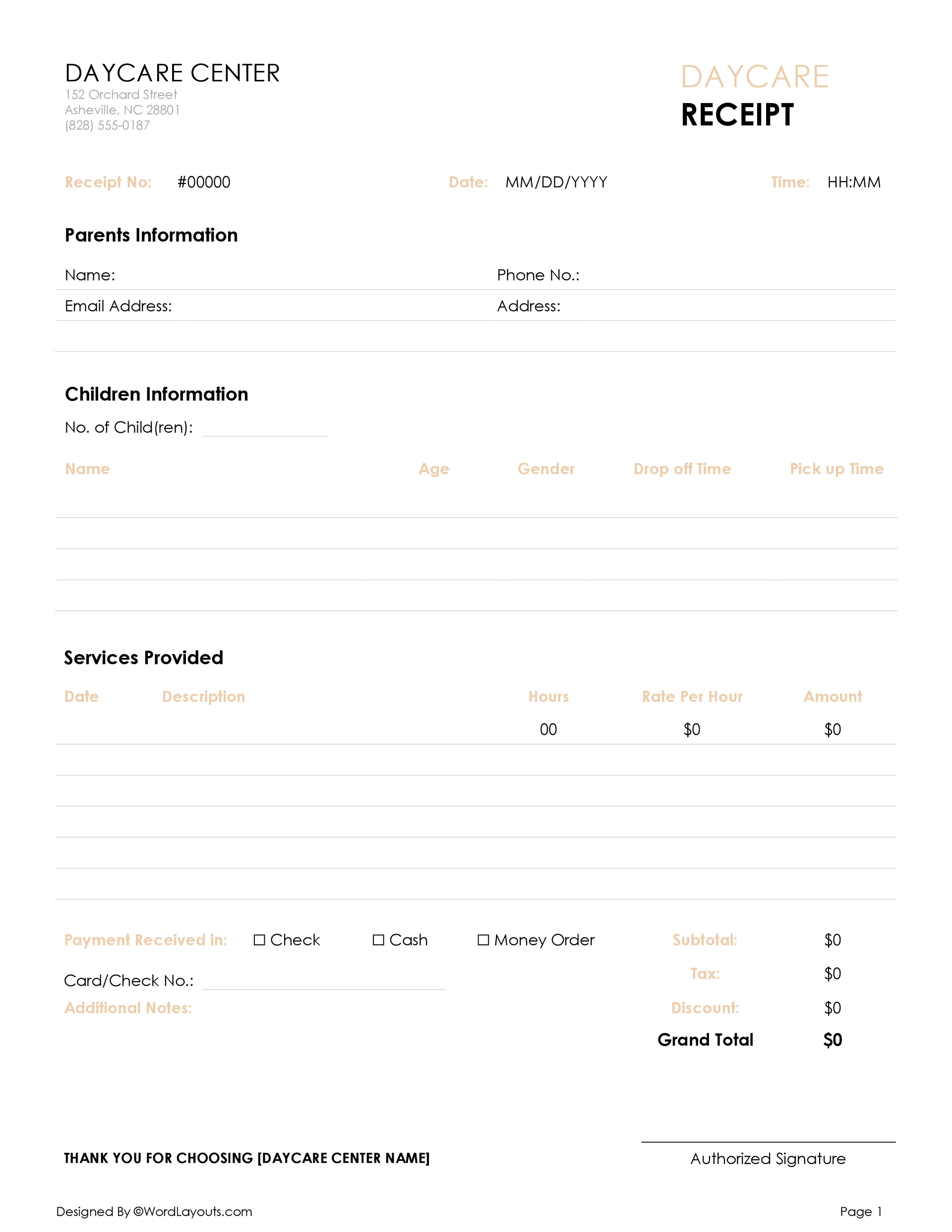 Simple Daycare Receipt Template - WordLayouts Simple Daycare Receipt Template - WordLayouts