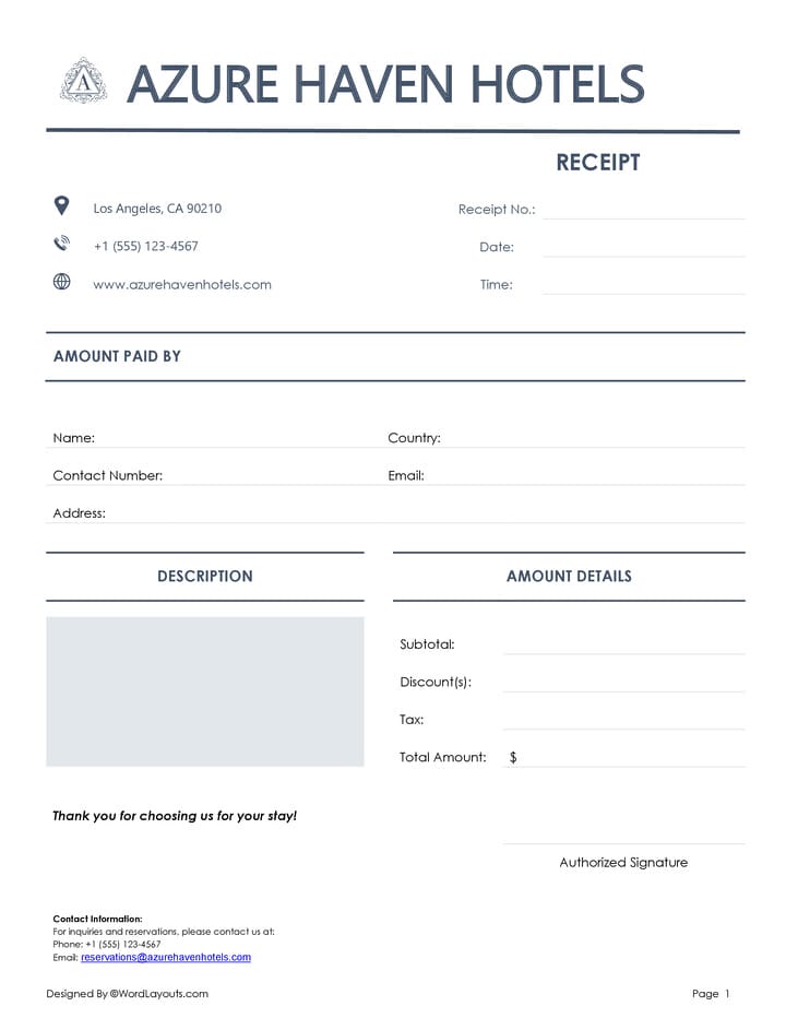 Free Hotel Receipt Templates (Word, GDocs) - WordLayouts