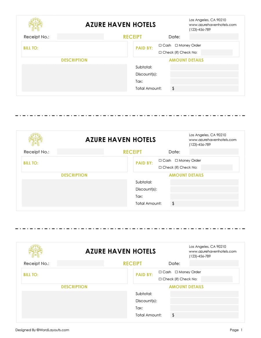Free Hotel Receipt Templates (Word, GDocs) - WordLayouts