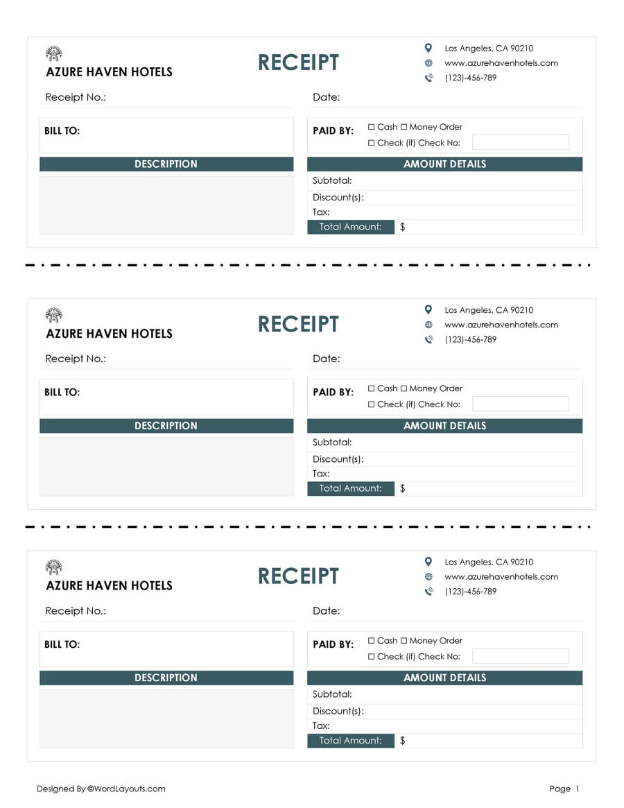 Triple-Section Hotel Receipt Template - WordLayouts
