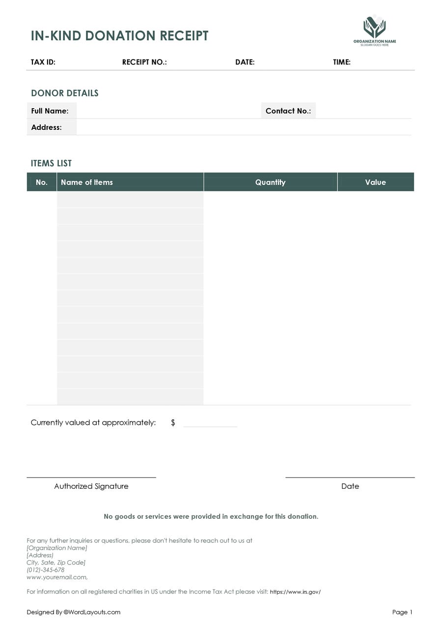 In-Kind Donation Receipt Template - (Word, GDocs)