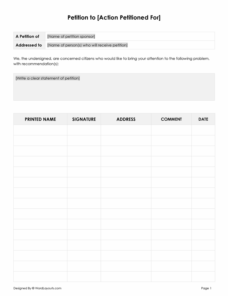 Free Petition Sheet Template with Functional Layout - WordLayouts