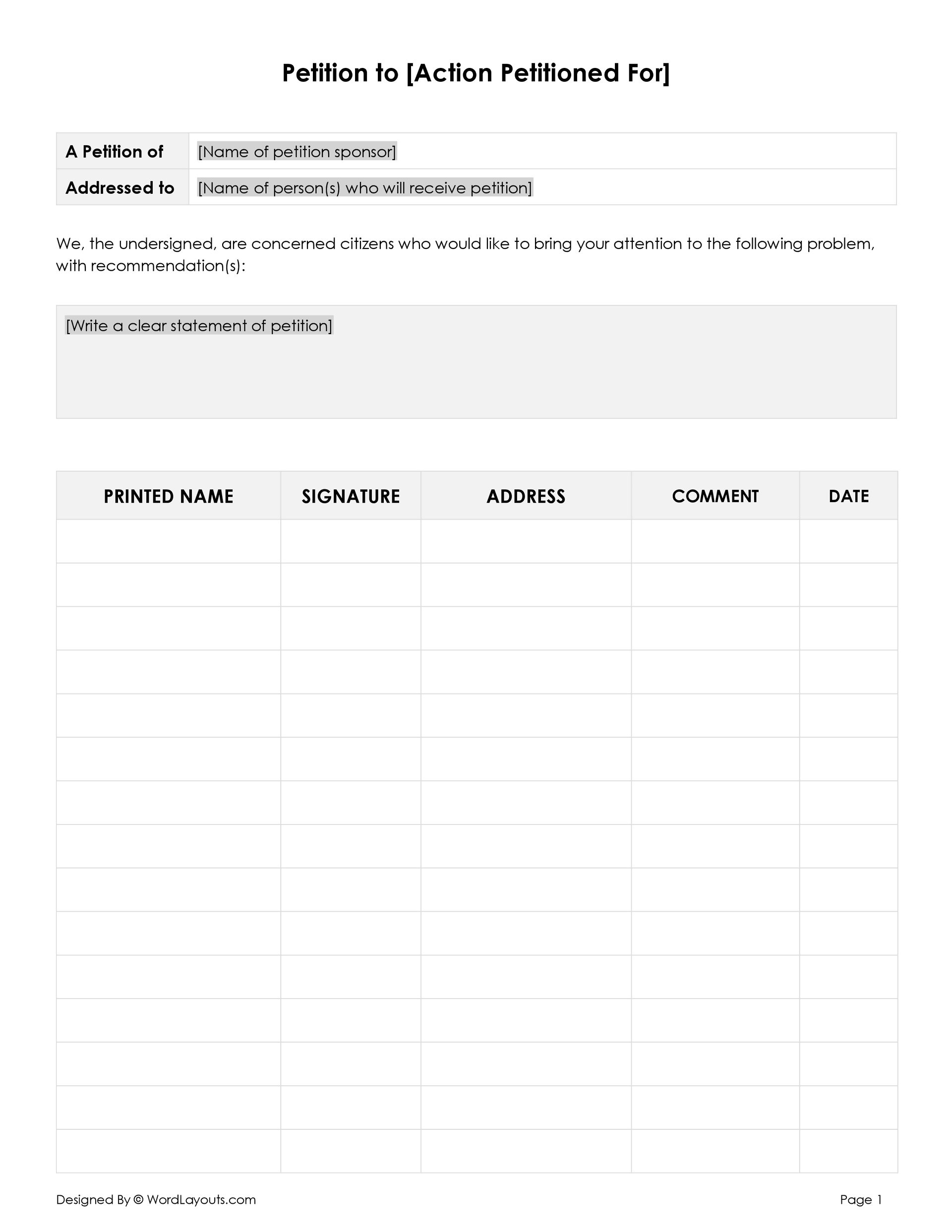 Professional Petition Form Template - WordLayouts