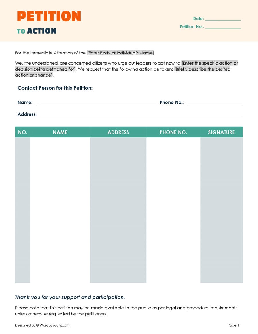 Printable Petition Template with Signatures - WordLayouts