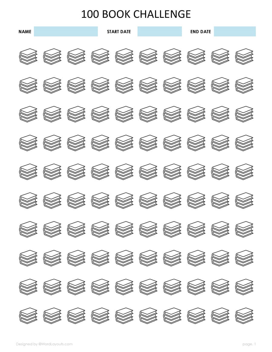 100 Book Challenge Reading Log Template - WordLayouts