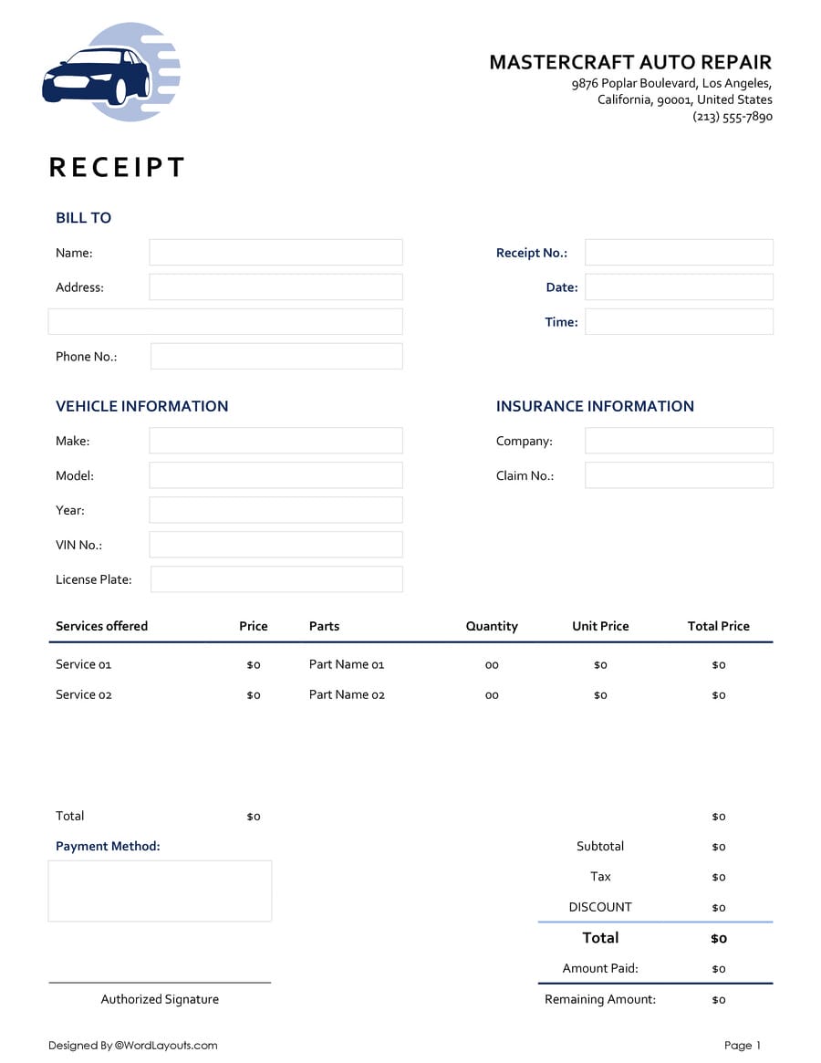 Free Auto Repair (Service) Receipt Templates