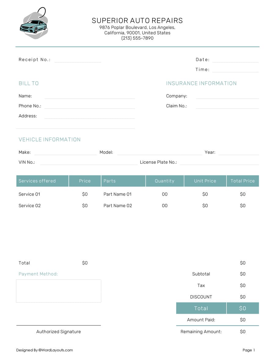 Free Auto Repair (Service) Receipt Templates