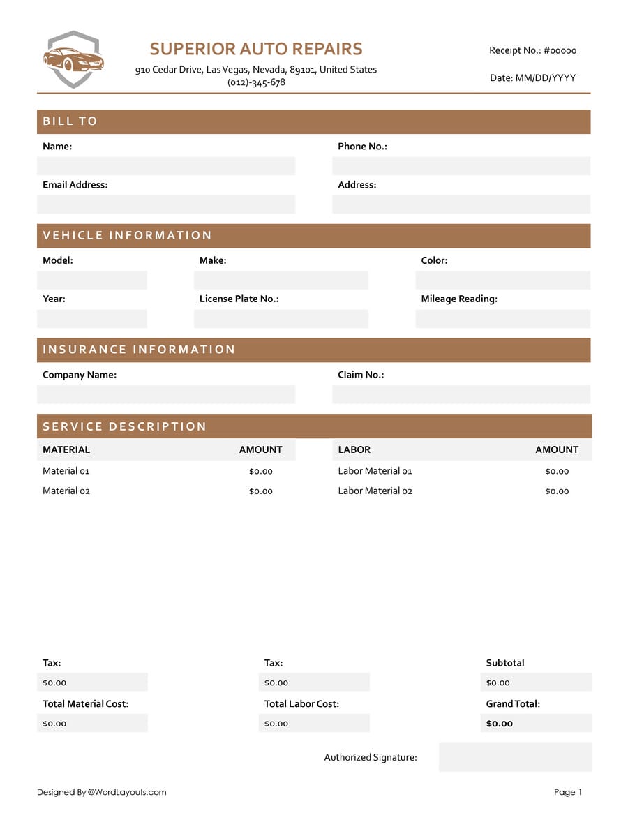 Free Auto Repair (Service) Receipt Templates