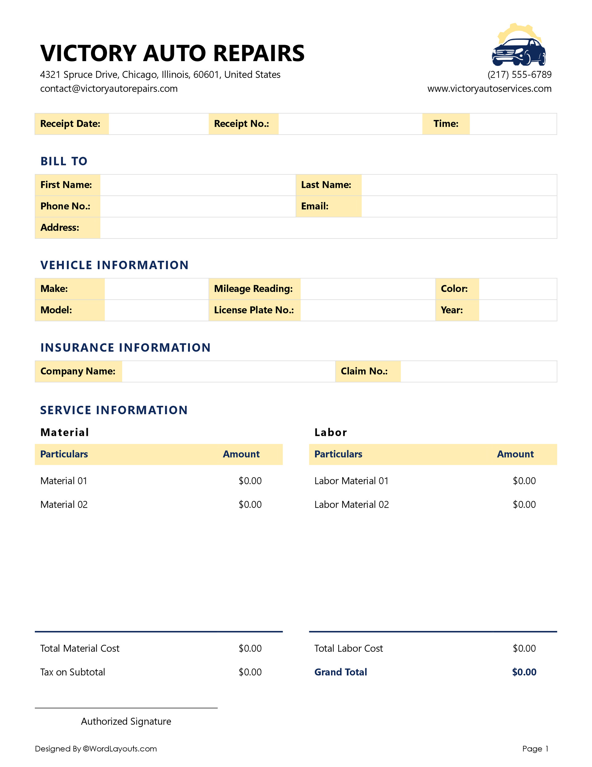 Professional Auto Repair Receipt Template - WordLayouts Professional Auto Repair Receipt Template - WordLayouts
