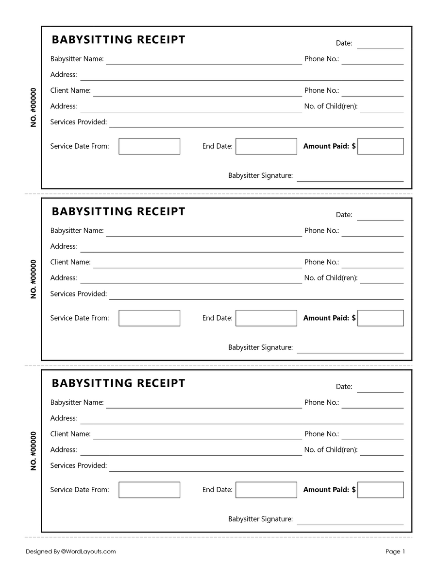 Free Babysitting (Nanny) Receipt Templates - WordLayouts