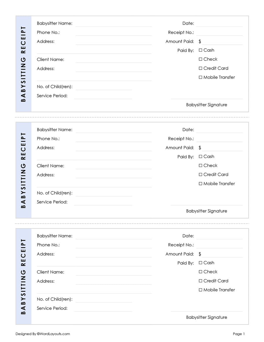 Free Babysitting (Nanny) Receipt Templates - WordLayouts
