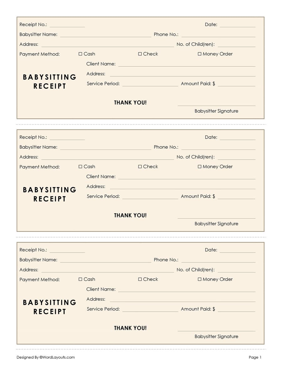 Classic Babysitting Receipt Template - WordLayouts
