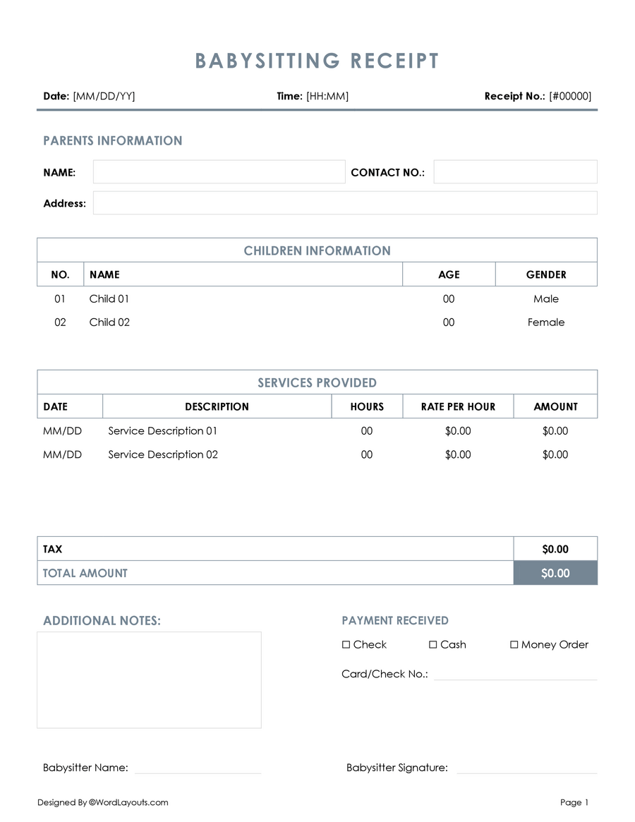 Free Babysitting (Nanny) Receipt Templates - WordLayouts