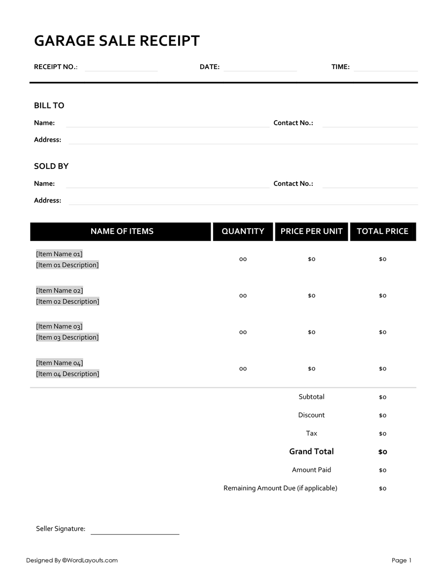 Free Motorcycle Sales Receipt Template - WordLayouts