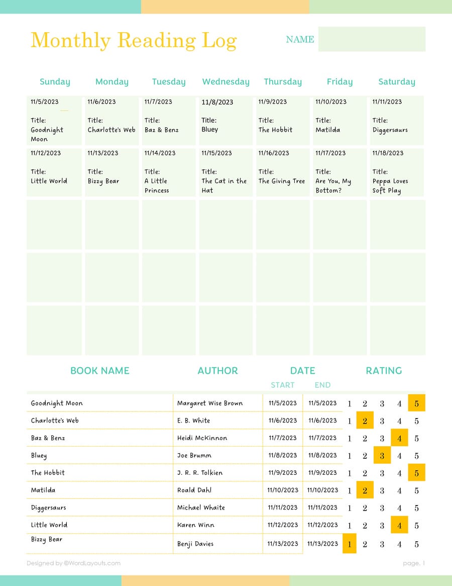 Monthly Reading Log Template - WordLayouts