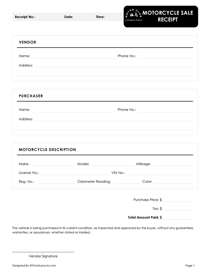 Private Vehicle Car Sale Receipt Template Wordlayouts
