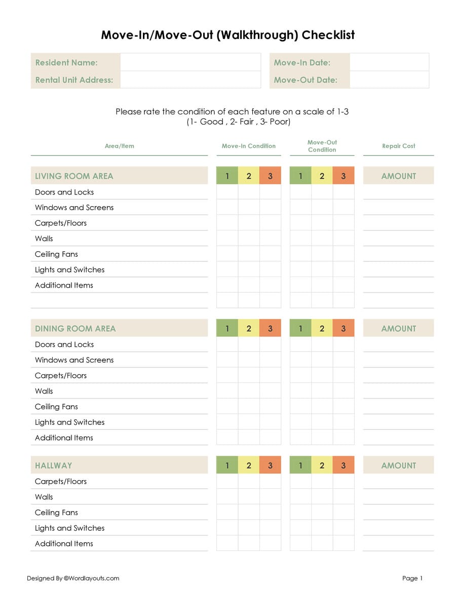 Move-In/Move-Out (Walkthrough) Checklist to Edit & Print